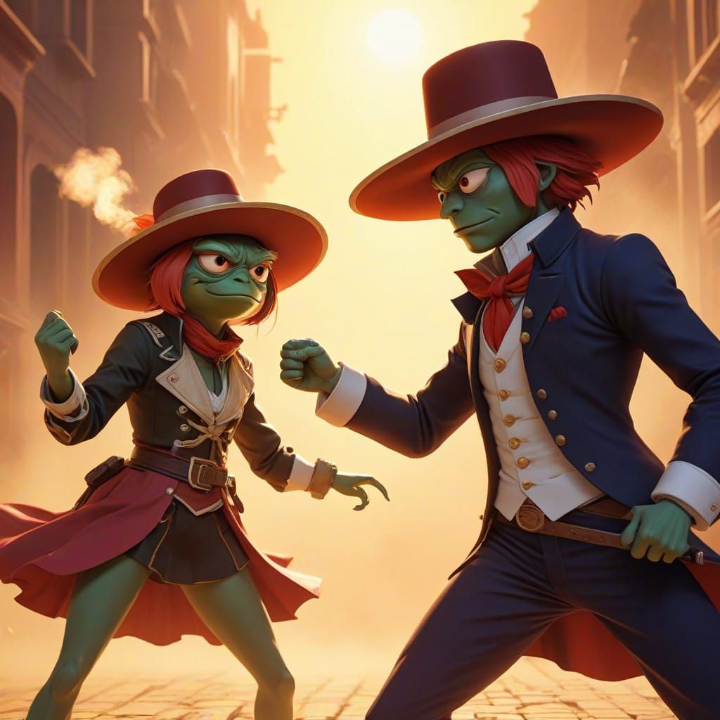 Vibrant Anime Brawl: Pepe Frog vs Red-Haired Midge... - AI Art