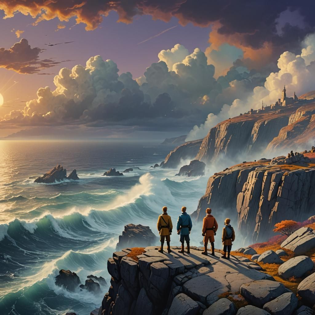 Tintin and Friends Stand on a Dreamlike Cliffside - AI Art