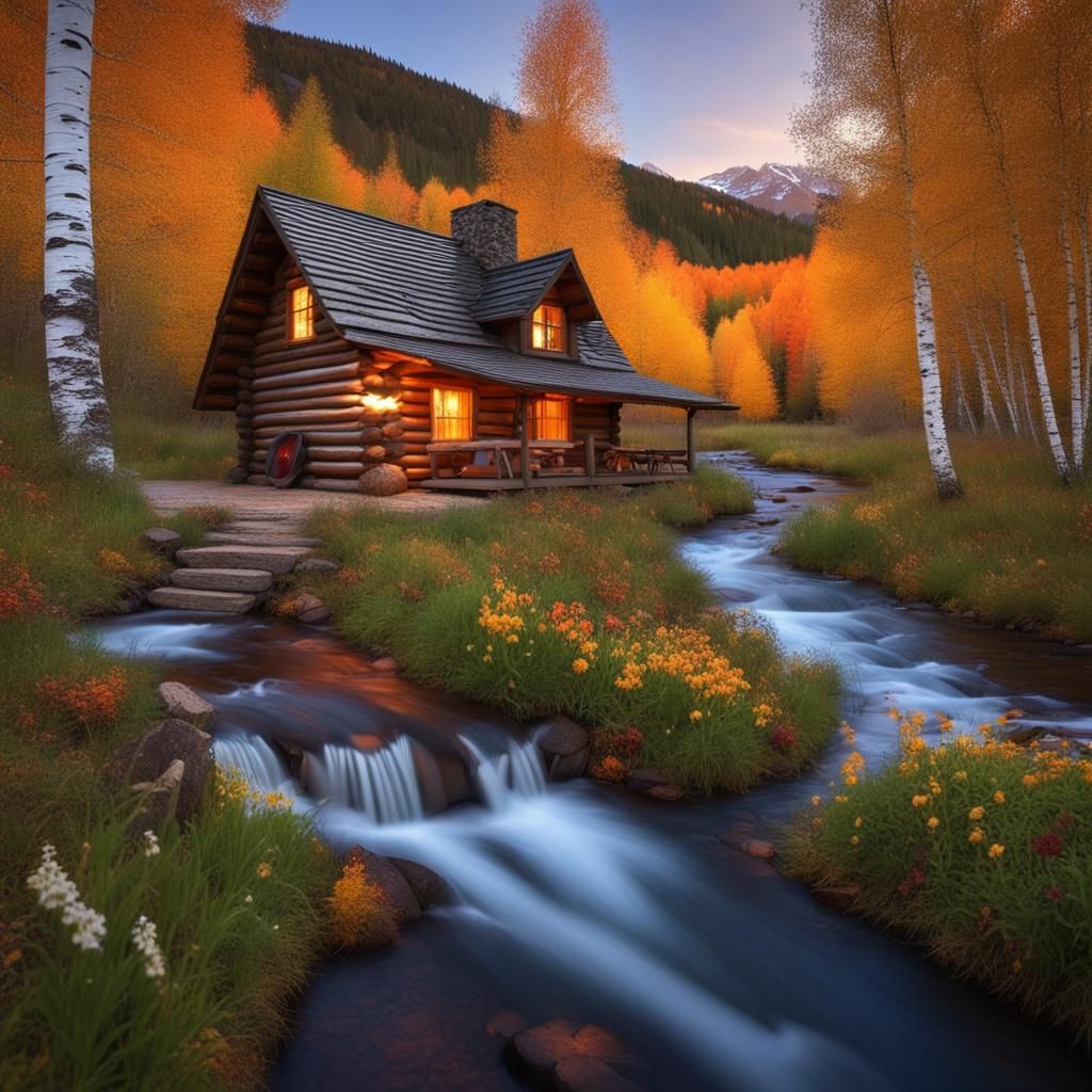 "Rustic Log cabin, cozy fireplace, by a cool running stream, stars ...