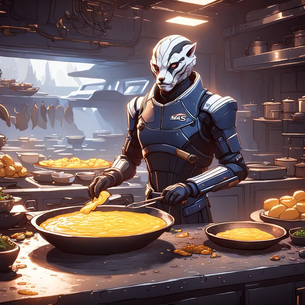 Sherpard from Mass Effect making an omelette, ghibli style - AI ...