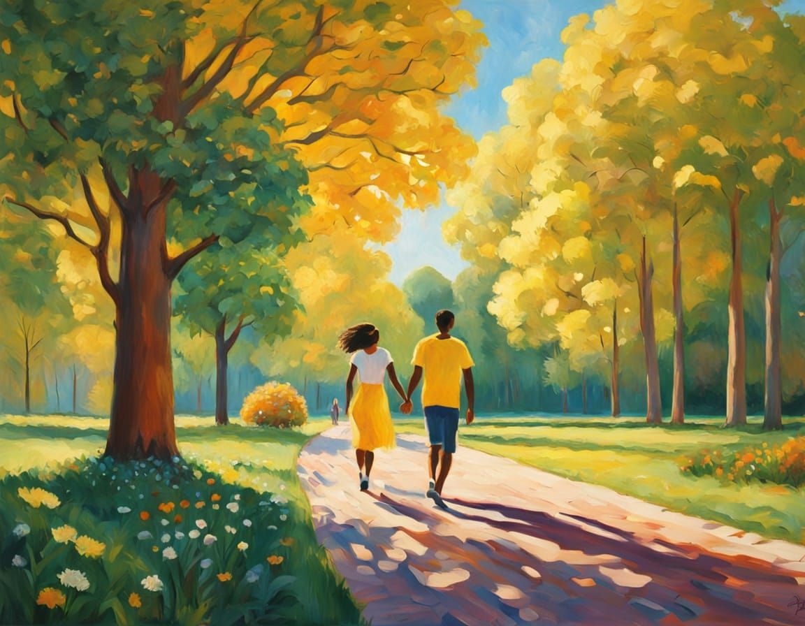 A walk - Whimsical Summer Stroll in Vibrant Oil Painting