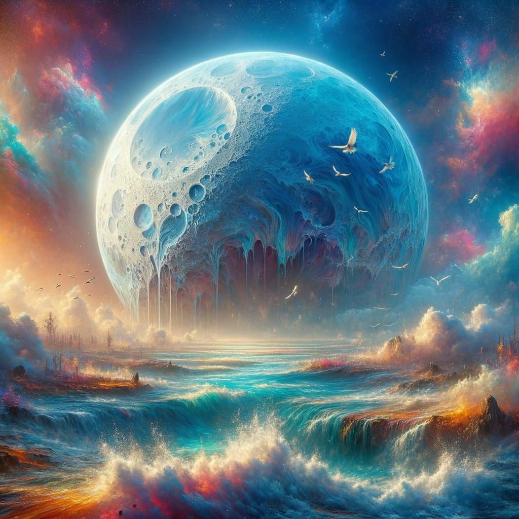 Photo of a sky-blue moon melting into an ocean surrounded by few birds ...