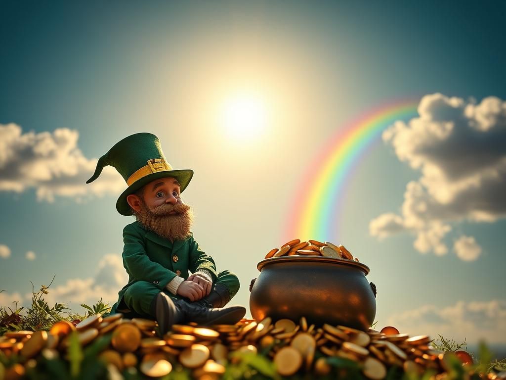 an epic cinematic shot of a whimsical small leprechaun guarding his ...
