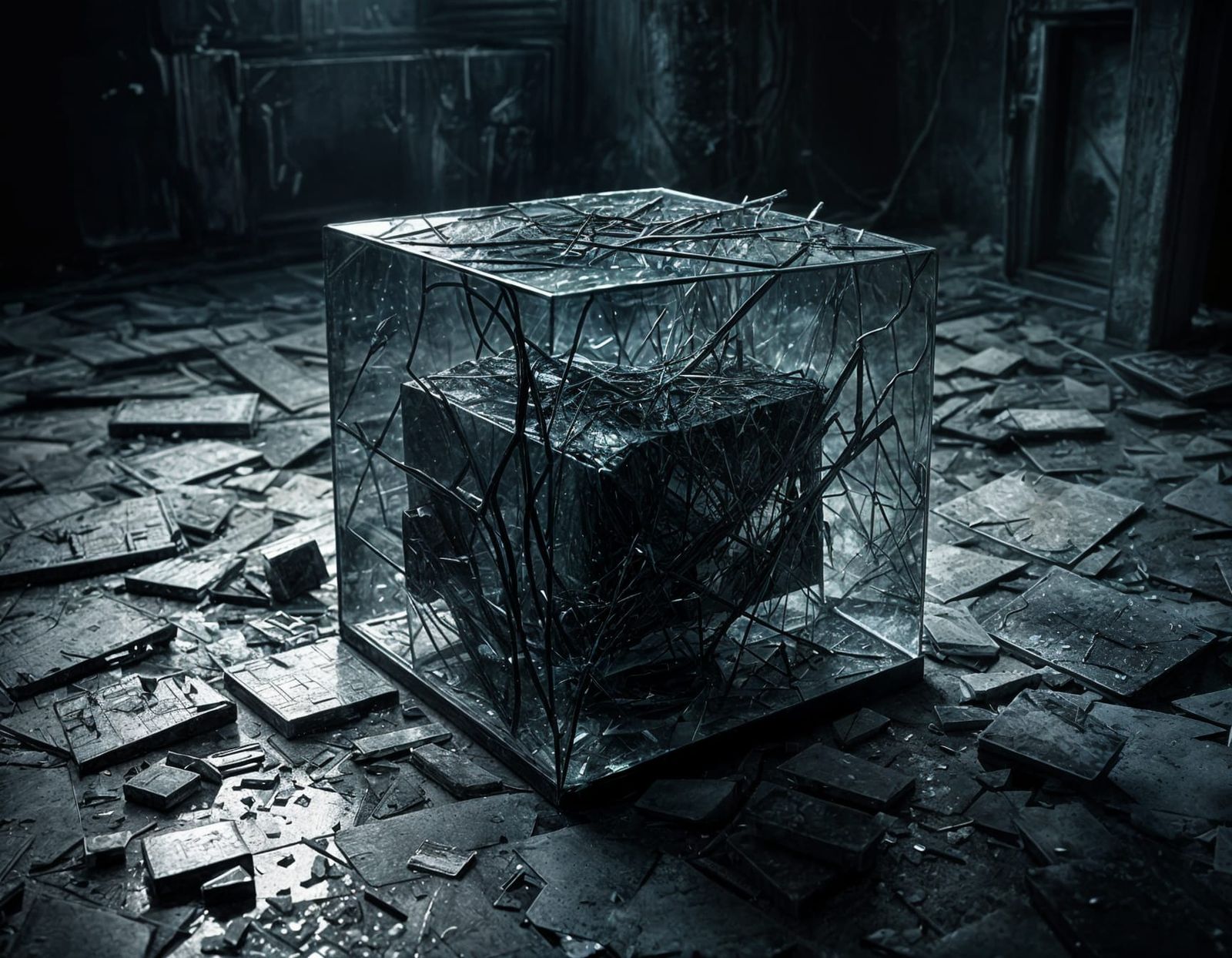 Ethereal Transparent Cube of Shattered Faith - AI Art