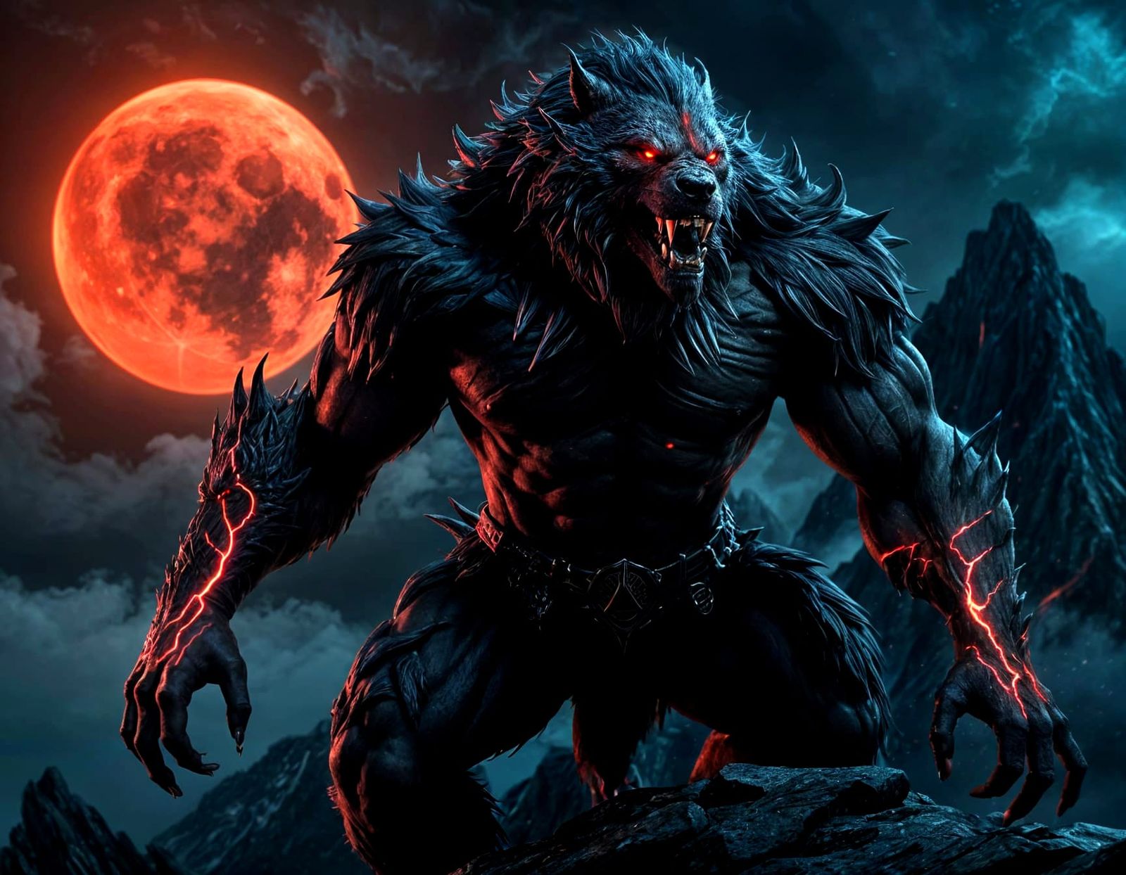 Werewolf God on Mountain Peak in Dark Fantasy Styl... - AI Art