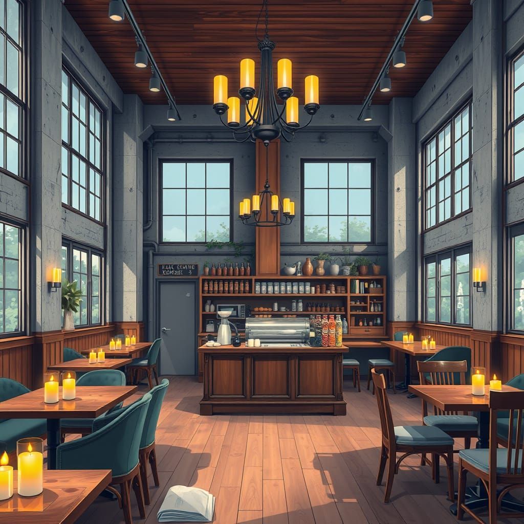 Hyper detailed design of the interior of a large cafe with a small ...