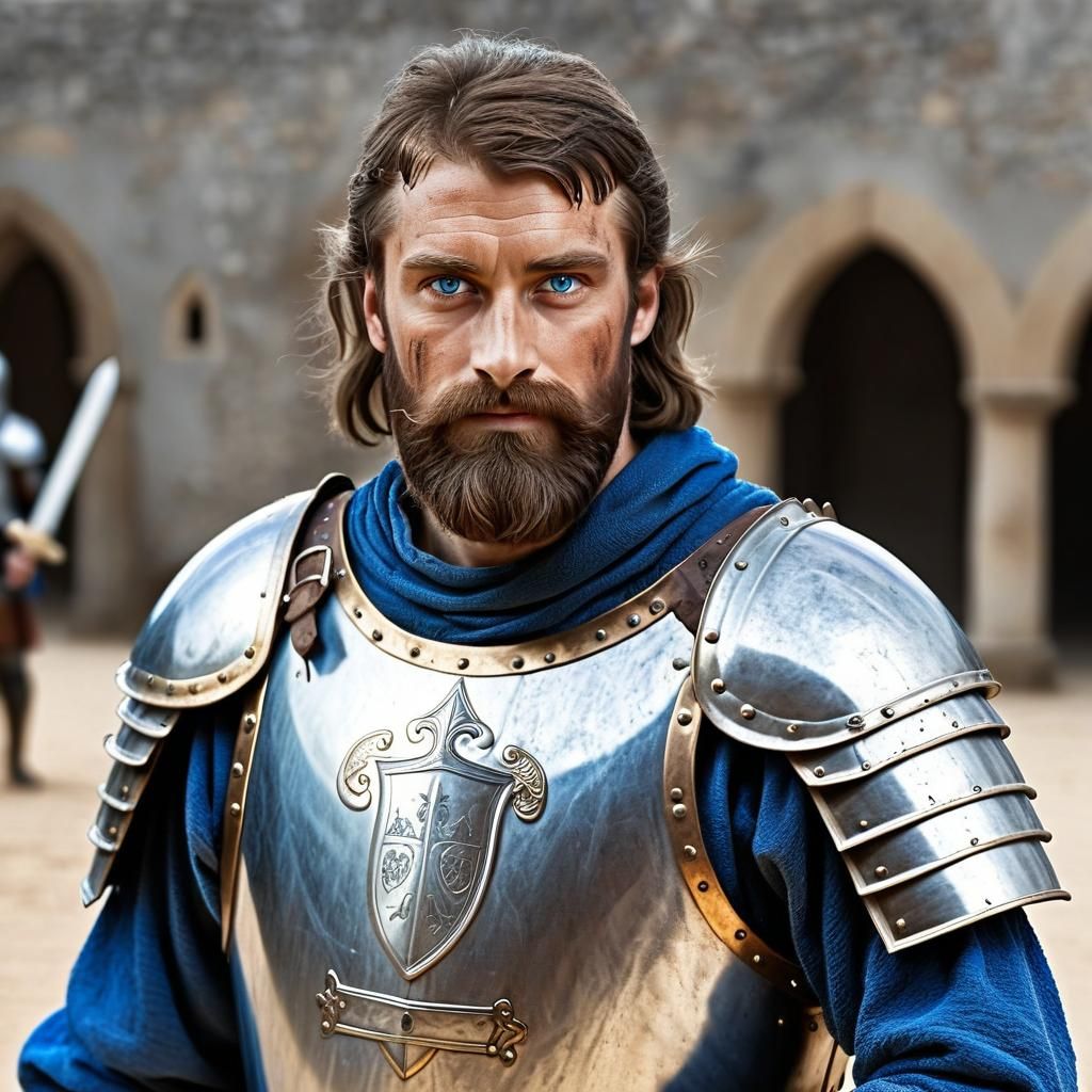A medieval knight with brown hair and blue eyes and a long beard - AI ...