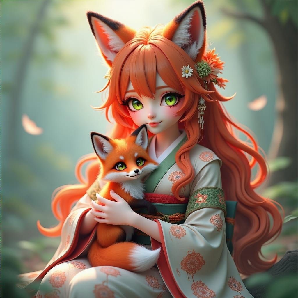 a fox girl with a Red baby fox cuddeling in her arms By artist "anime ...