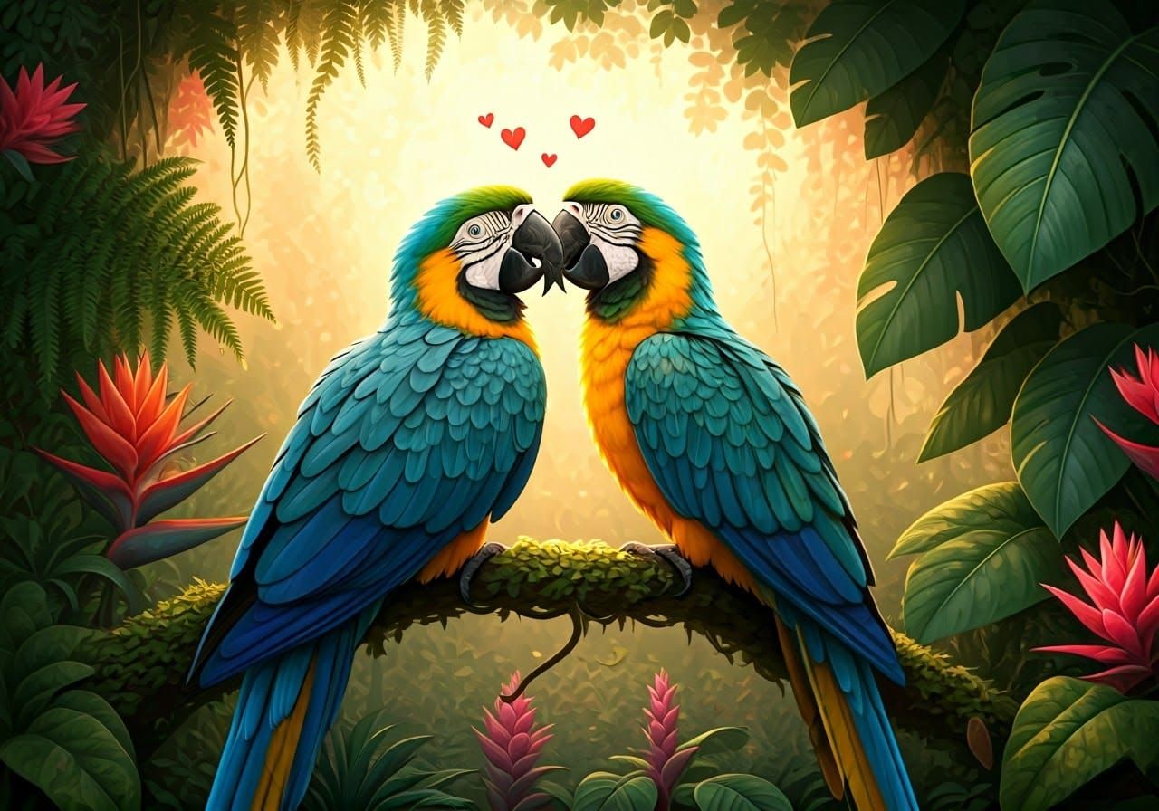 A vibrant, painterly illustration of a pair of love-struck tropical ...