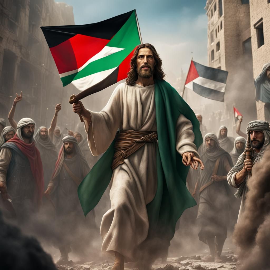 Jesus Christ with a Palestinian flag in a protest - AI Generated ...