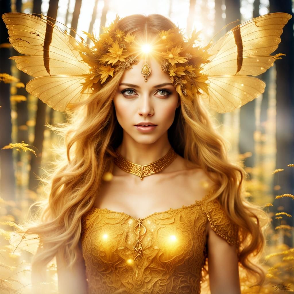 Imagine a beautiful goddess walking through a beautiful golden forest, fairies following her ...