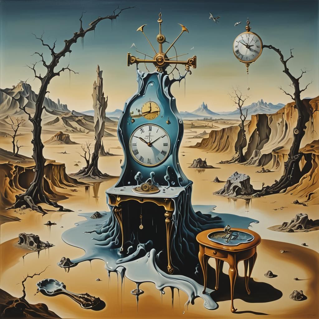 Salvador Dalí surrealistic landscape with melting clock and a woman ...