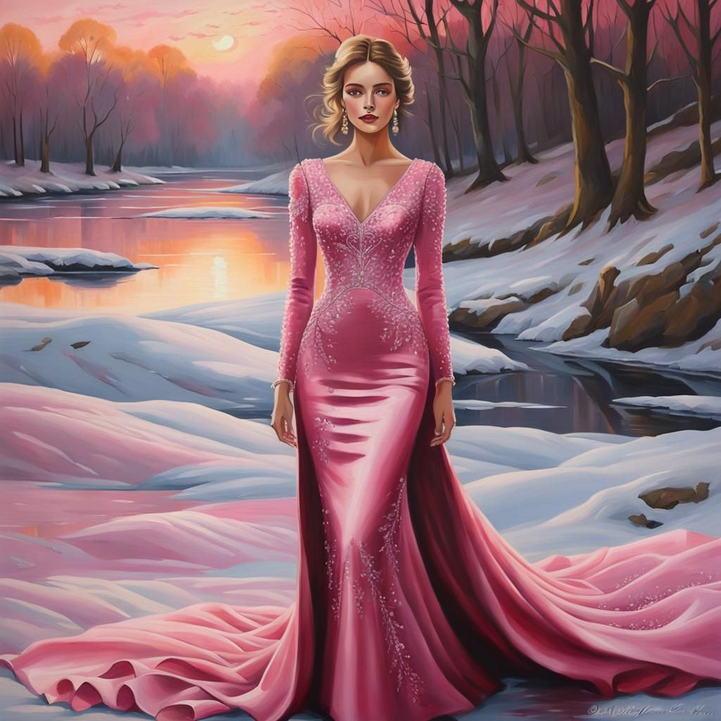 Shades Of Pink Close Fitting Evening Gown Cartoon. Redone. - AI ...