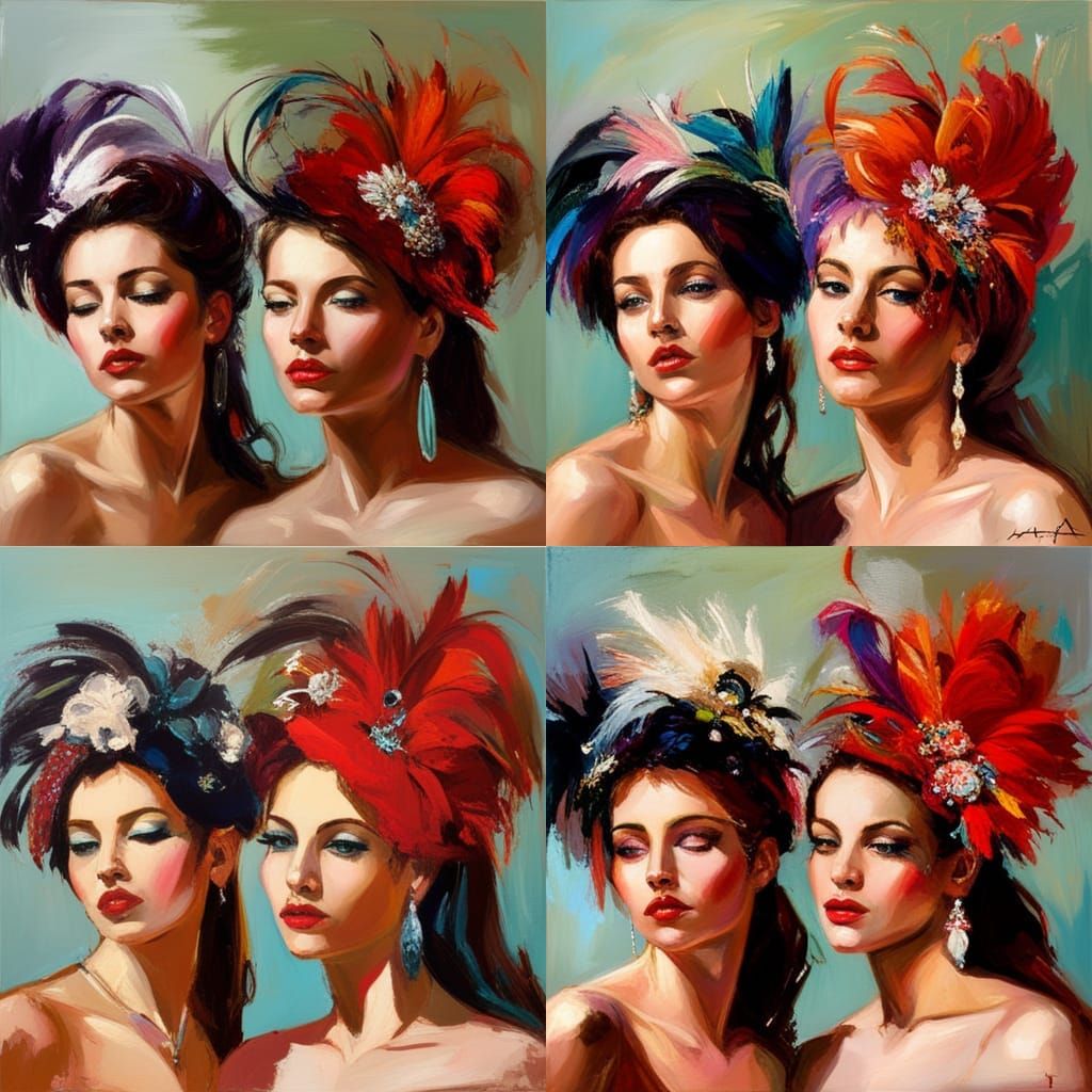 portrait of two beautiful young women wearing outlandish colourful ...