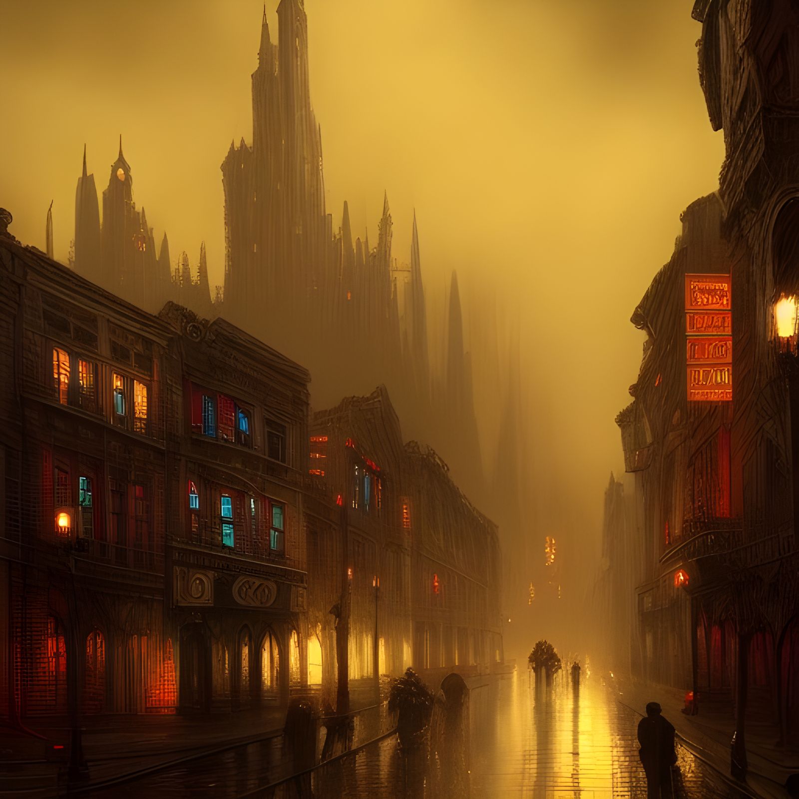 red night city, many streets with low ligths detailed matte painting ...