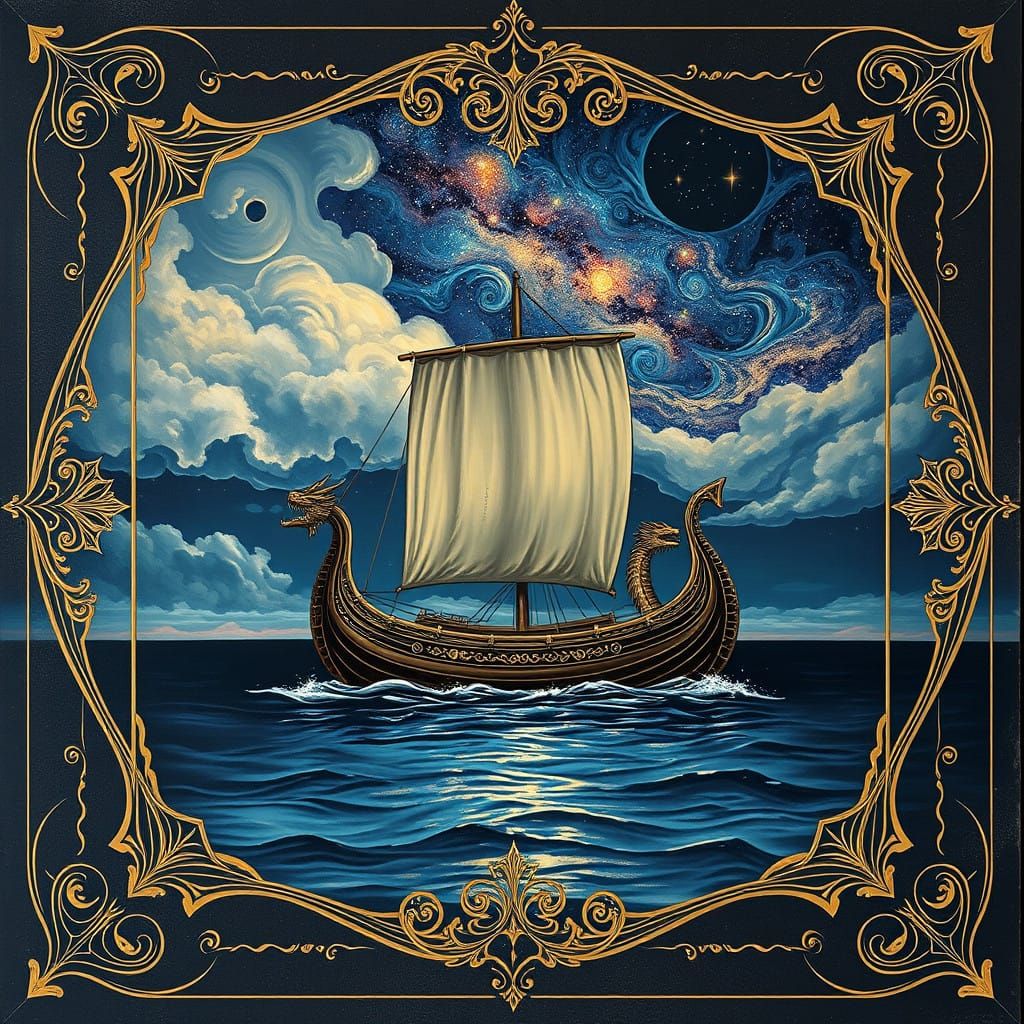 Dreamlike Viking Longboat Scene in Art Nouveau Fra... - AI Art