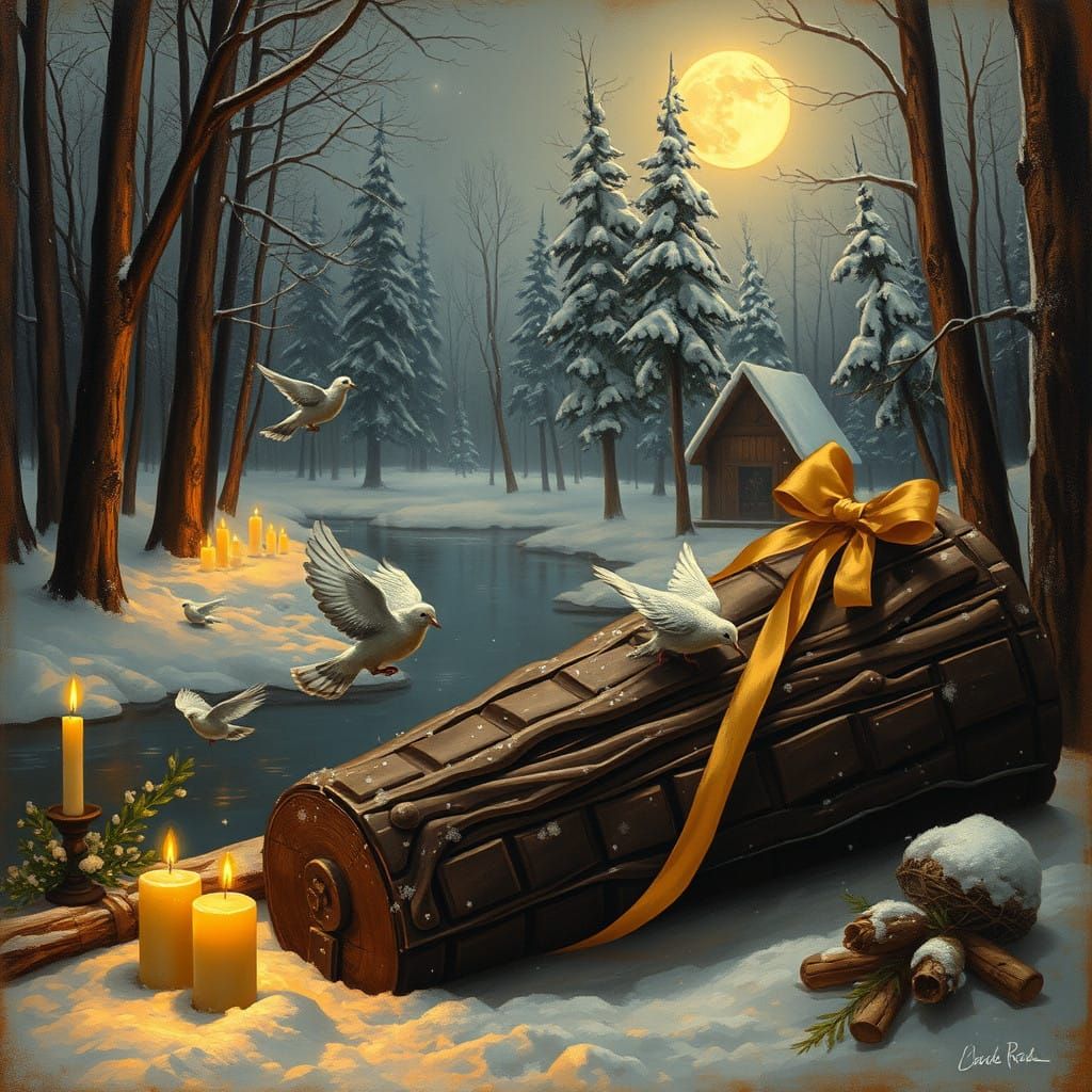 Majestic Yule Log in Winter Wonderland Scene - AI Art