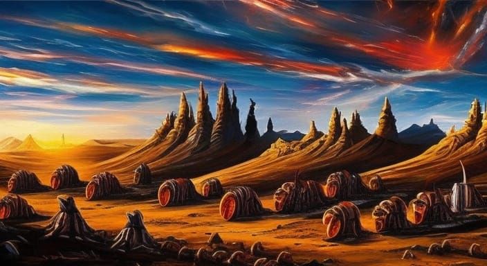 "alien warriors sleeping in desert, night, Post-apocalyptic Wasteland ...