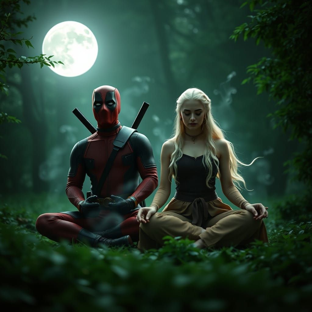 Deadpool and Daenerys in Ethereal Meditation Scene - AI Art