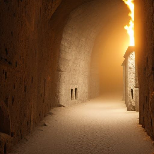 Eerie Dimly lite dungeon corridor made of rough brown stone well ...