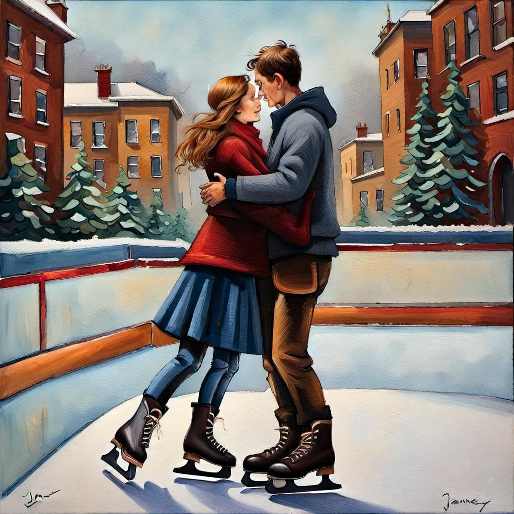 Ice skating a couple in love, snowfall, ice rink - AI Generated Artwork ...