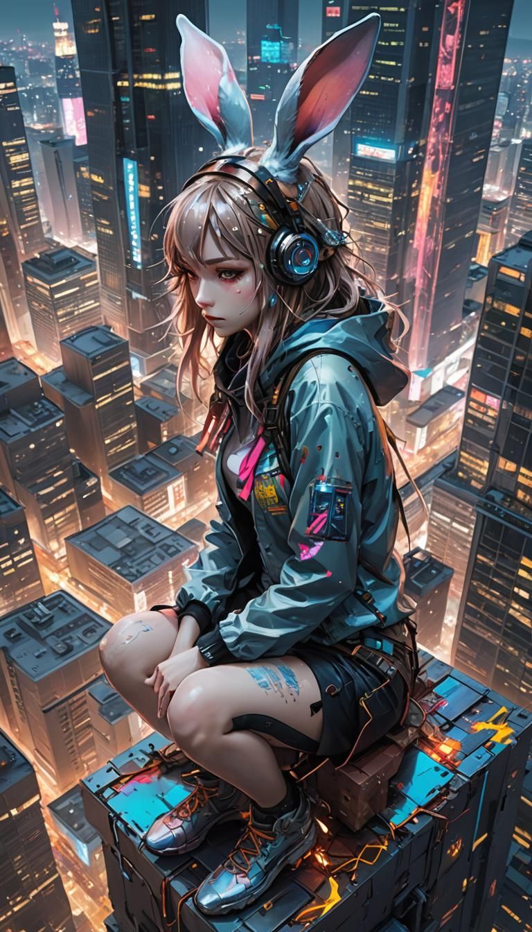 Cyber rabbit girl sitting ontop a skyscraper looking down by artist ...
