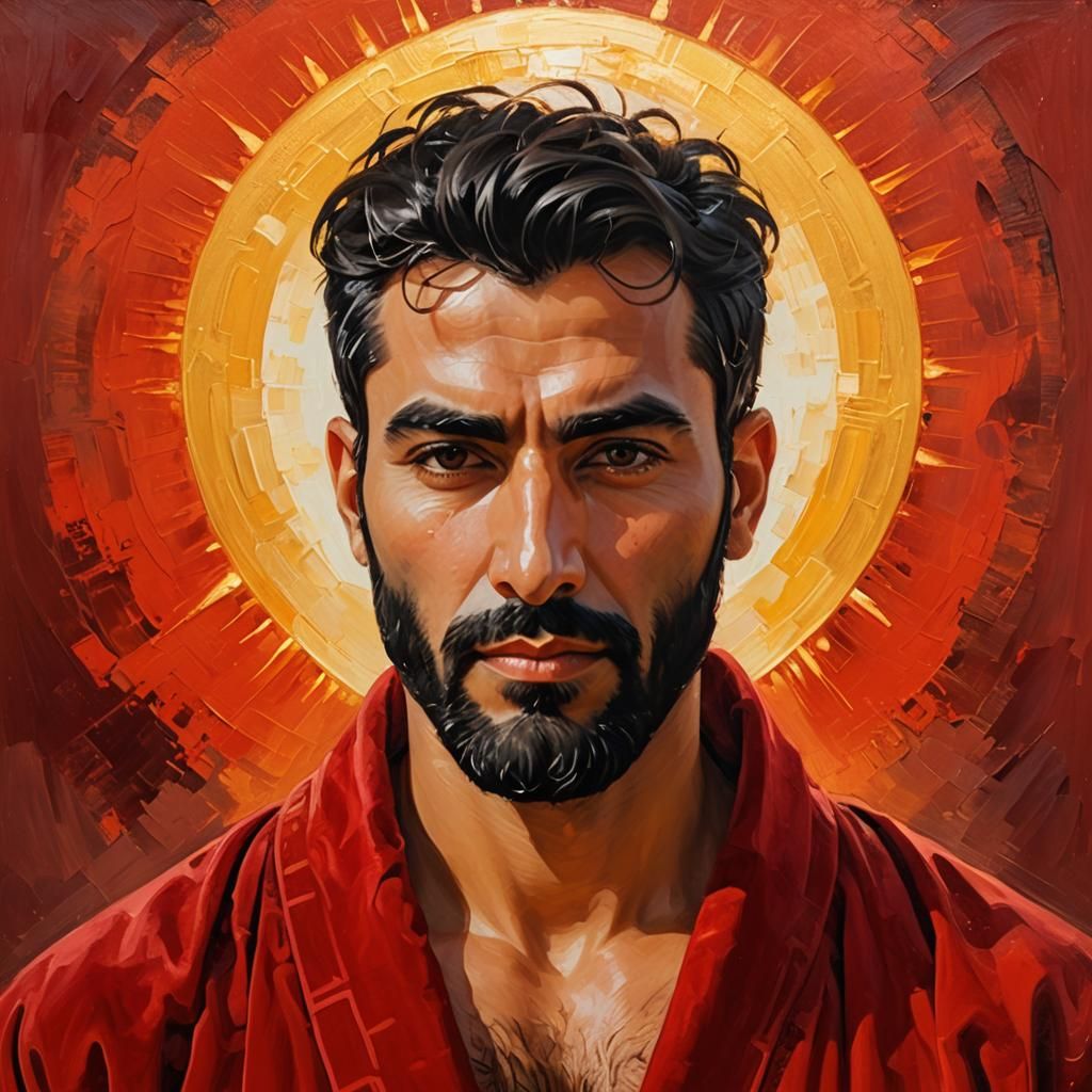 A gorgeous man with black hair and beard wearing a red velours bathrobe