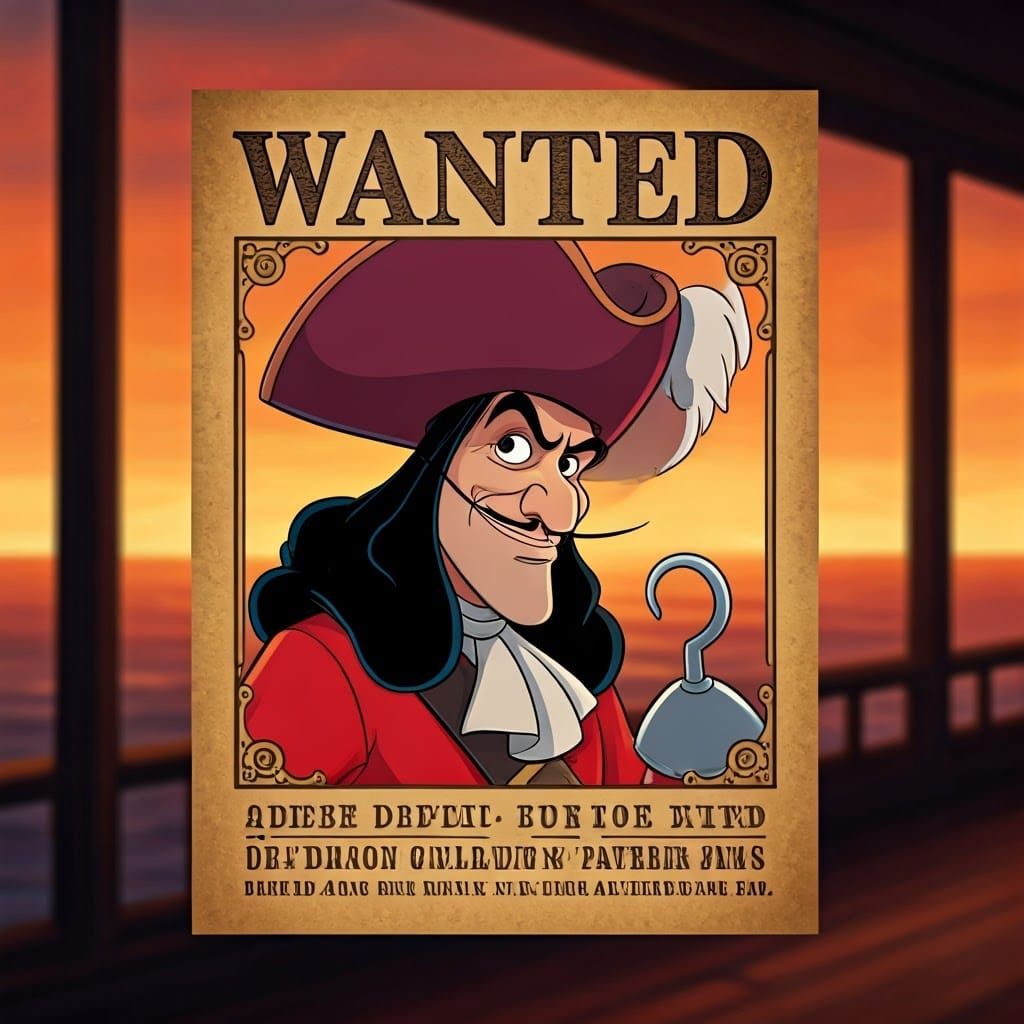 Captain Hook Wanted Poster in Vintage Disney Style - AI Art