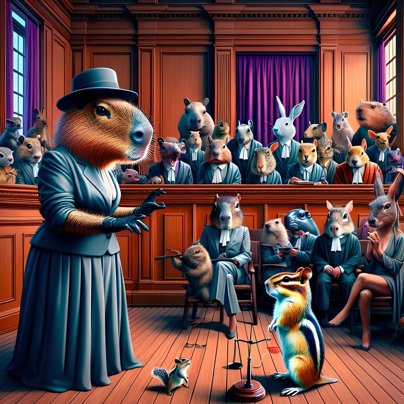 A capybara in a woman's costume works as a lawyer in court and defends ...