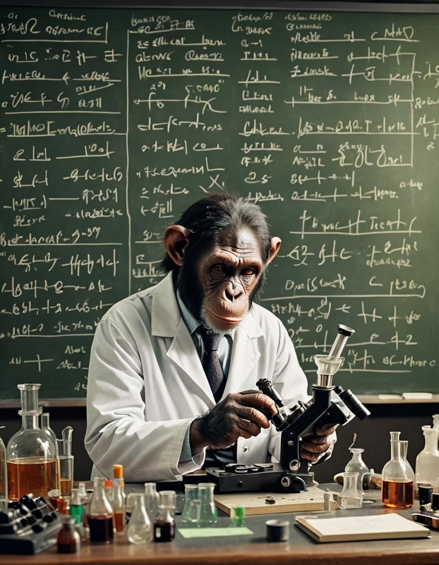 Chimpanzee Scientist in a white lab coat, working with flasks, bunsen ...