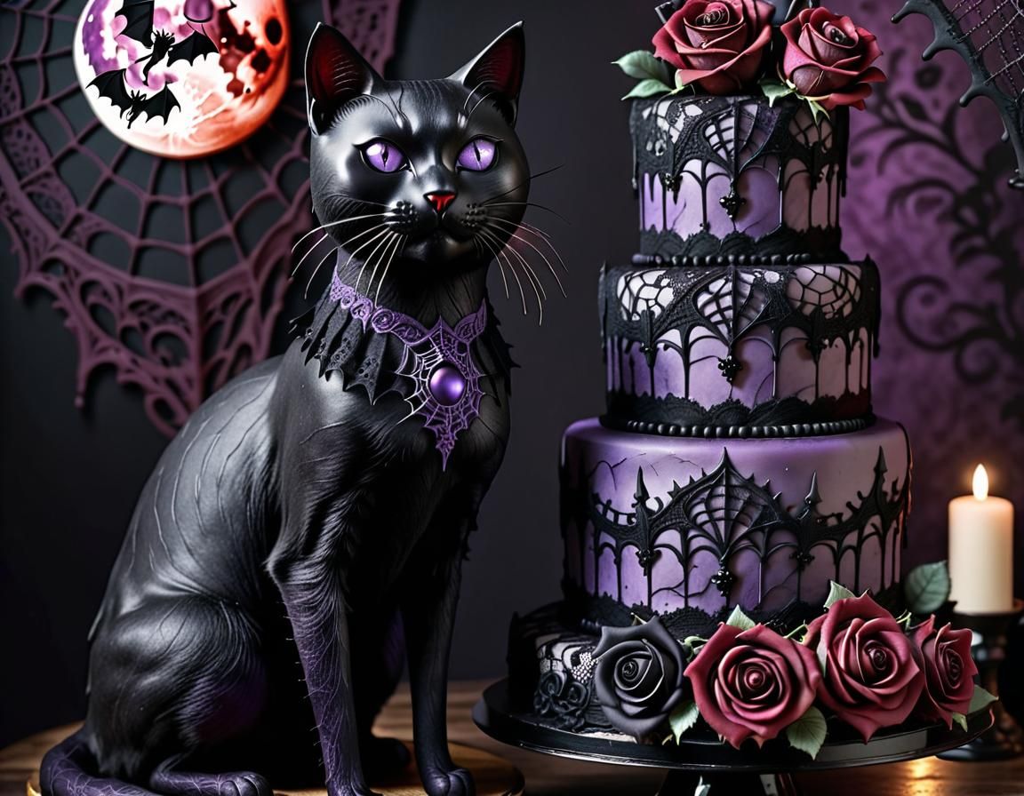 Lavish multi-tiered purple gothic wedding cake full black lace, blood ...