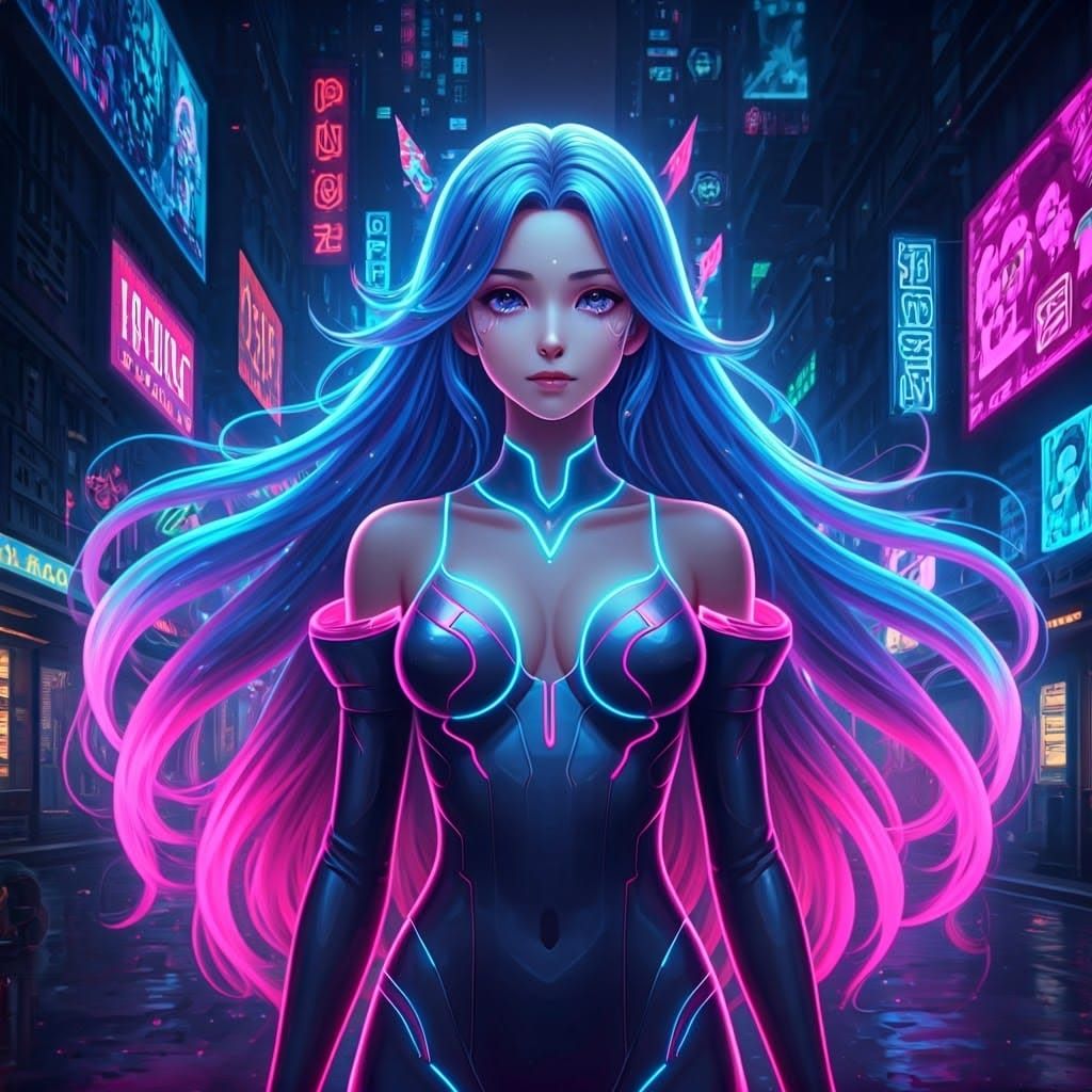 Ethereal Neon Goddess in Cyberpunk Dreamscape - AI Art