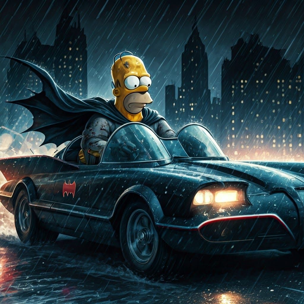 Homer Simpson, dressed in a worn and stretched Batman suit, complete ...