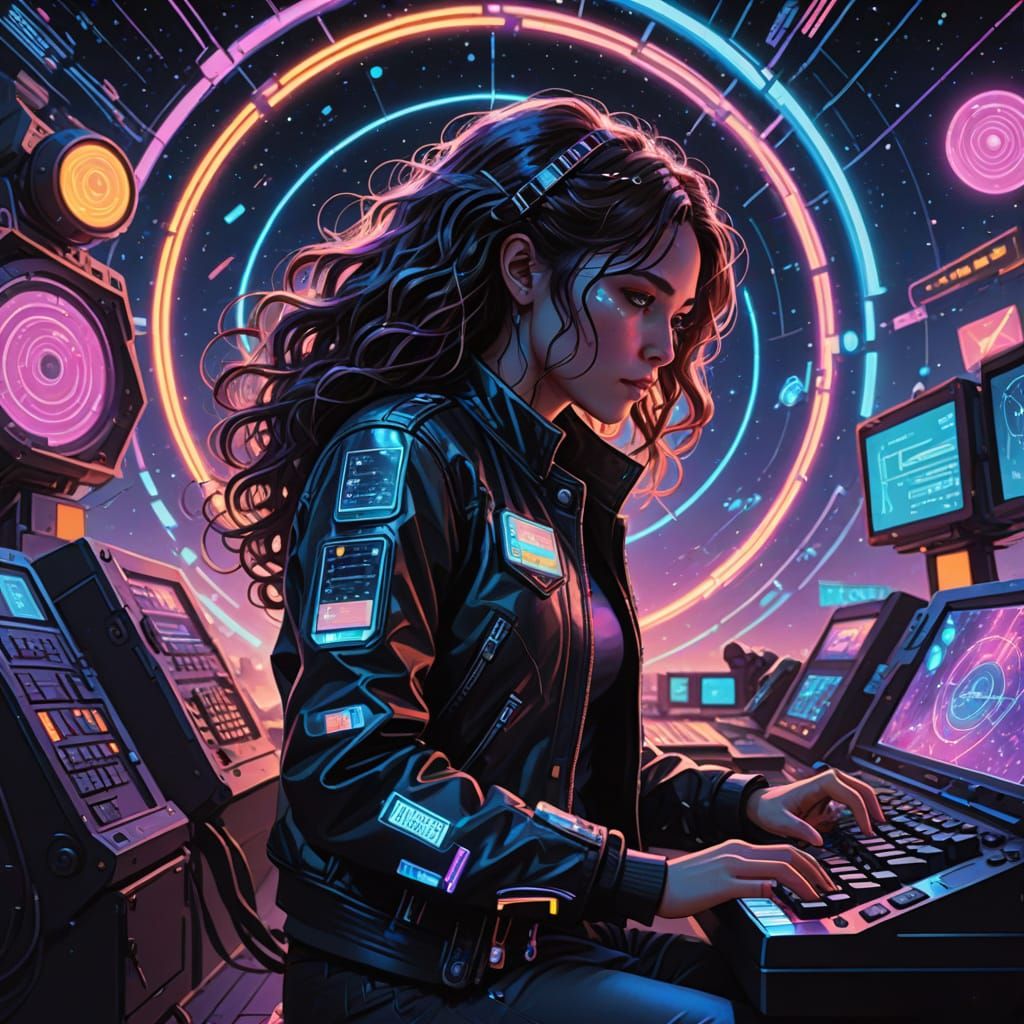 A cosmic hacker, illuminated by the neon brilliance of the multiverse ...