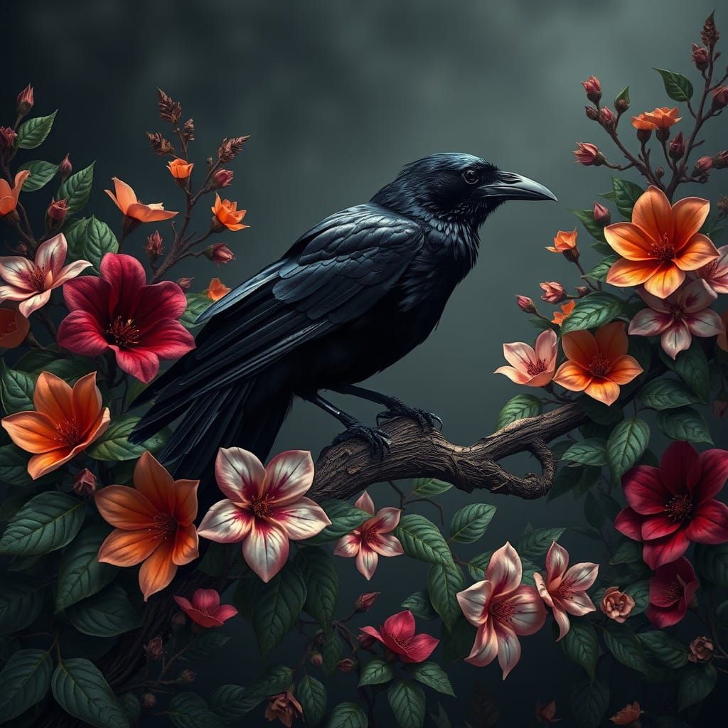 Ethereal Crow in Botanical Bloom - AI Art