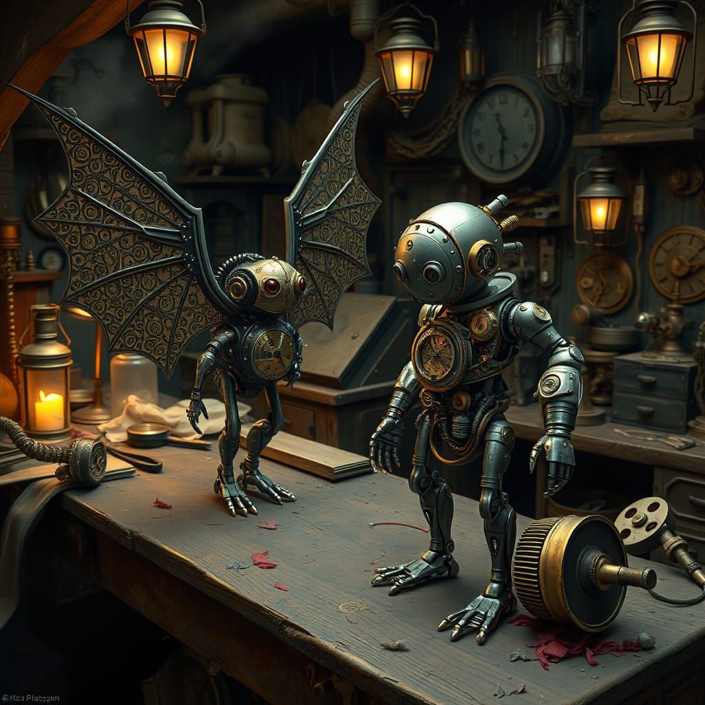 Steampunk Metalwork Masterpiece: Clockwork Bat Rob... - AI Art