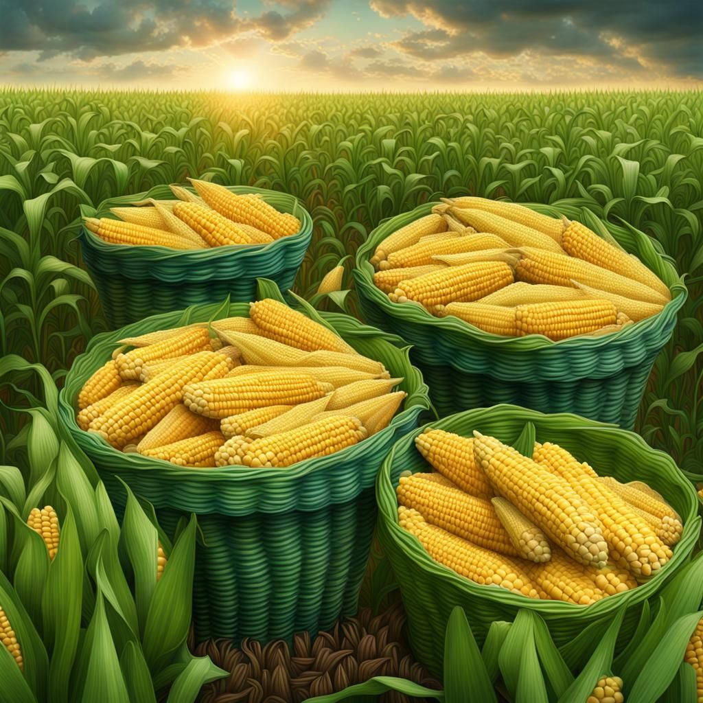Bushel baskets overflowing with corn in a green corn field, 64k ...