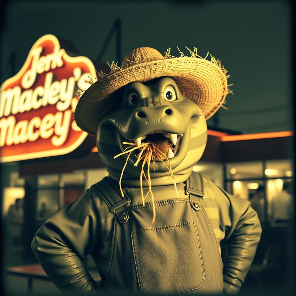 Retro Diner Aesthetic Aerial Gator in Overalls - AI Art