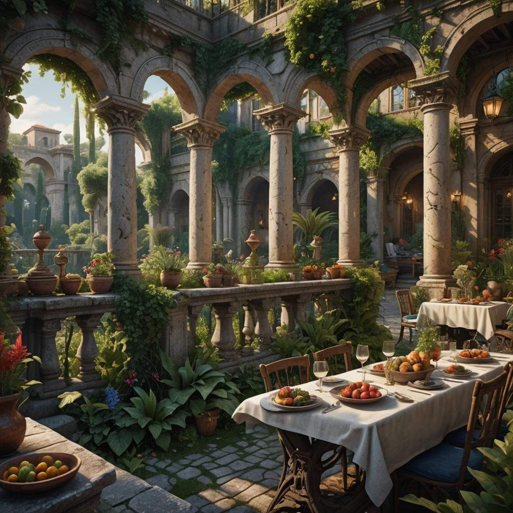 Waiting for supper at a roman terrace in a lush garden - AI Generated ...