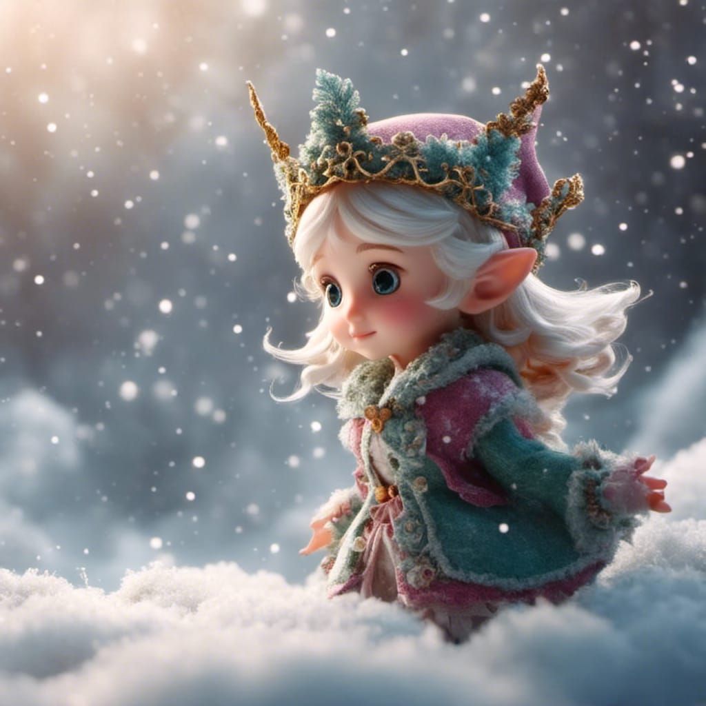 an adorable elf dances merrily, surrounded by swirling snowflakes and ...