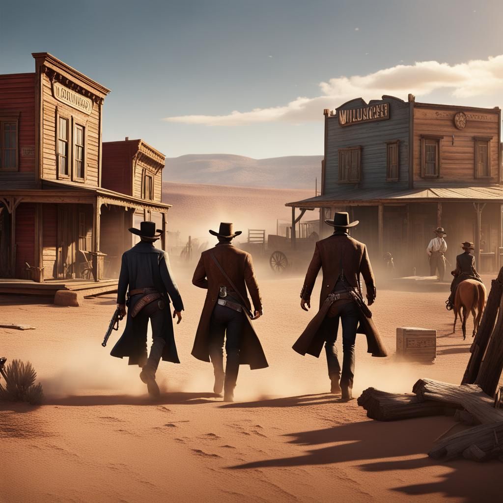 Depict a classic Wild West showdown in a dusty desert town, with ...