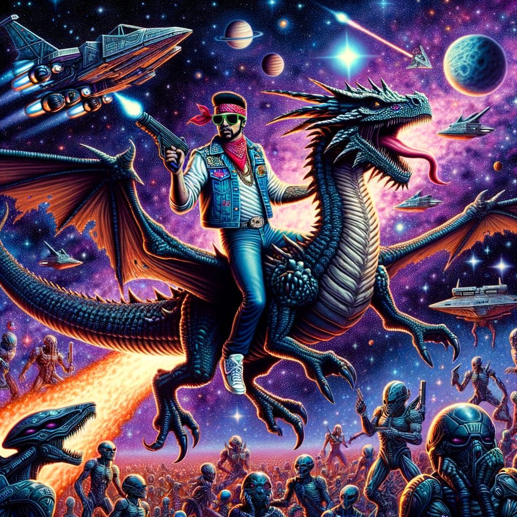 Epic Space Battle: 90s Rapper on Dragon vs. Alien ... - AI Art