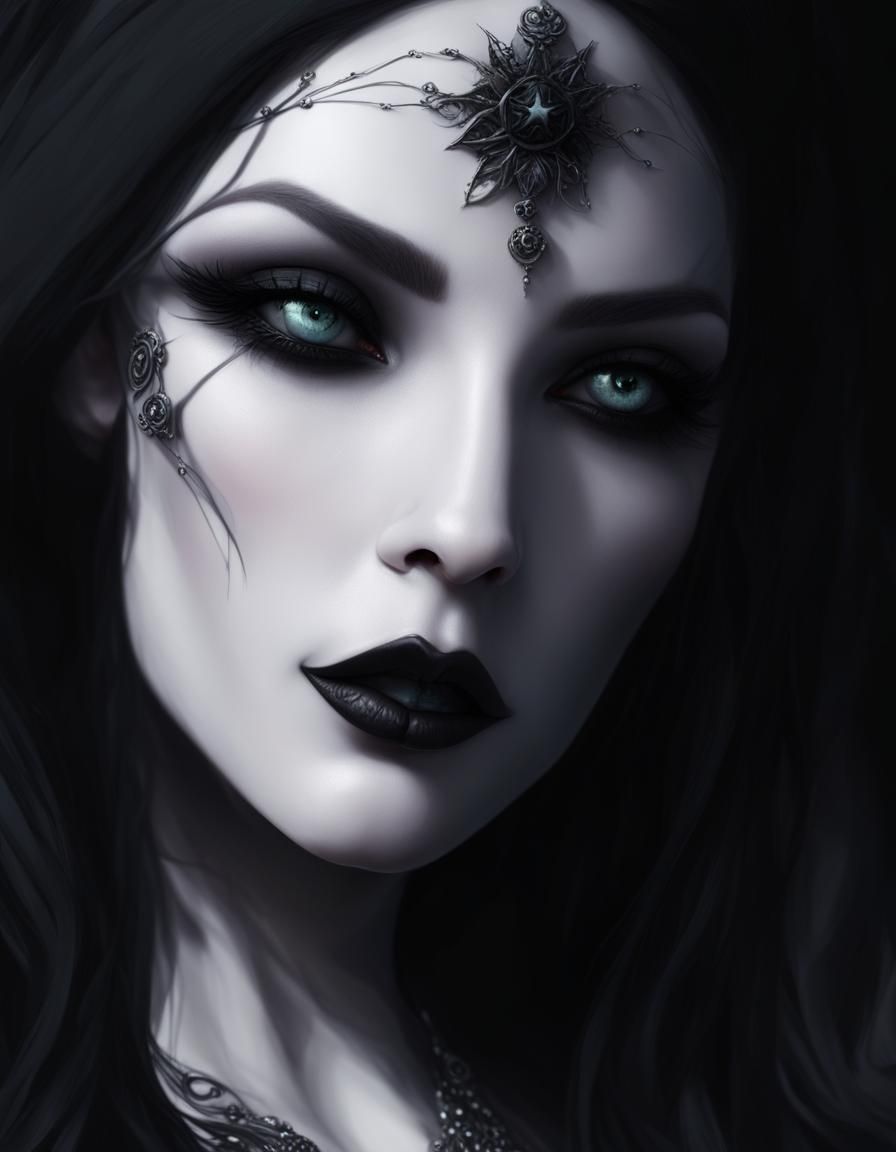 Ethereal gothic goddess Hecate with long black hair and sliver eyes ...