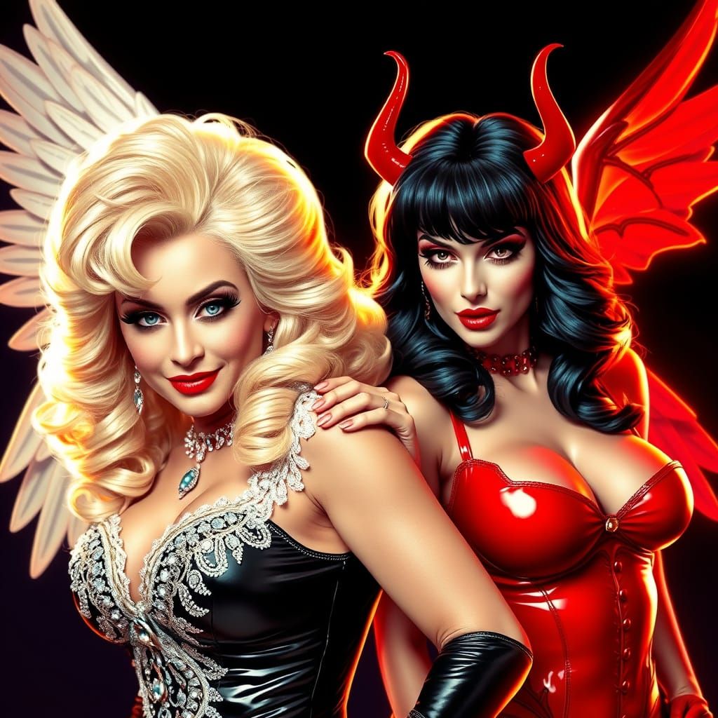 Dolly Parton and Elvira as Angel and Devil - AI Art