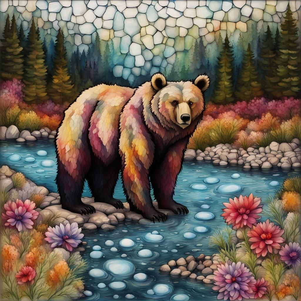 Alcohol Ink Bear next to River - AI Generated Artwork - NightCafe Creator