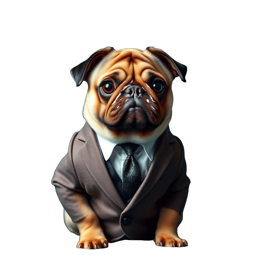 A regal pug, adorned in a bespoke miniature designer outfit, strikes a ...