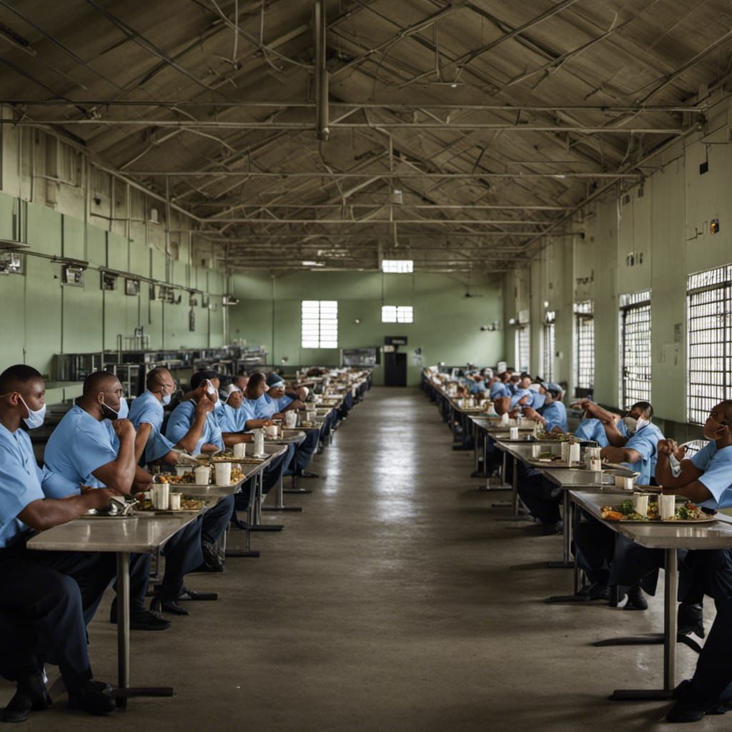 Prison cafeteria with prisoners eating if they wear a mask - AI ...