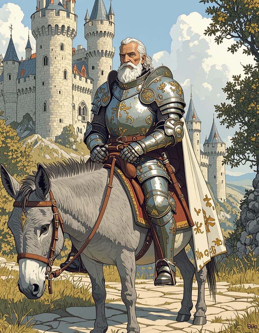 Knight on Donkey in Front of Castle - AI Art