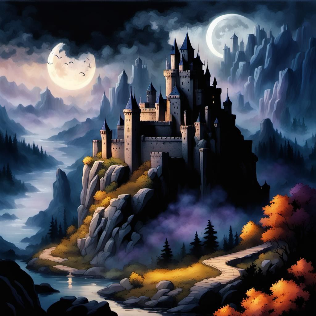 Dark Fantasy Castle in Crags and Mist - AI Art