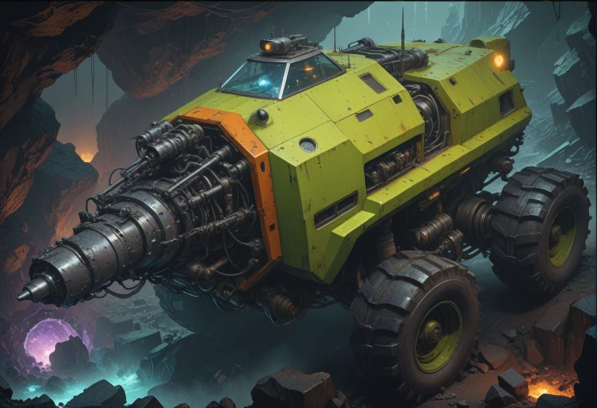 Cyberpunk Steel Titan Unleashes Drill into Crystal... - AI Art